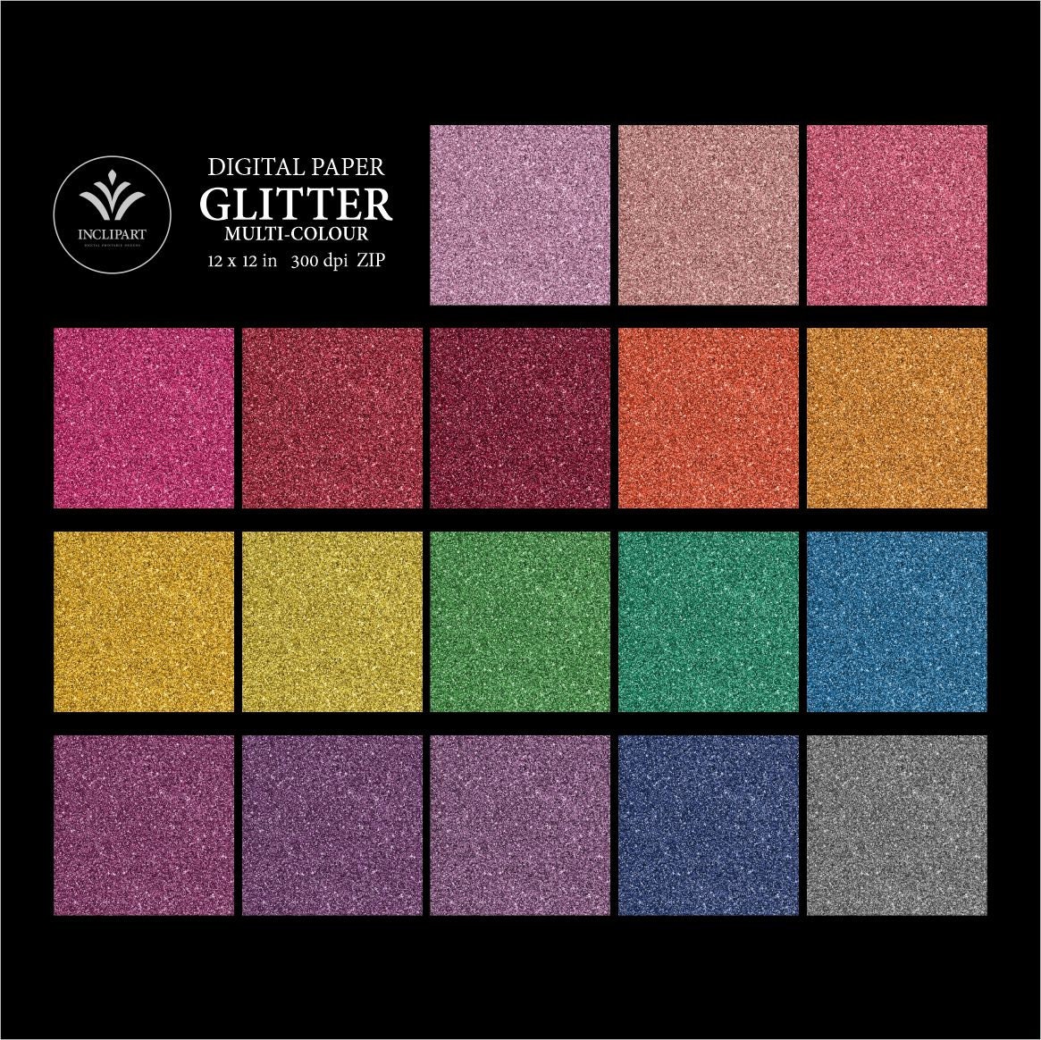 Glitter Digital Paper Clip Art. Set of 18 JPG Multi-colored Glitter ...