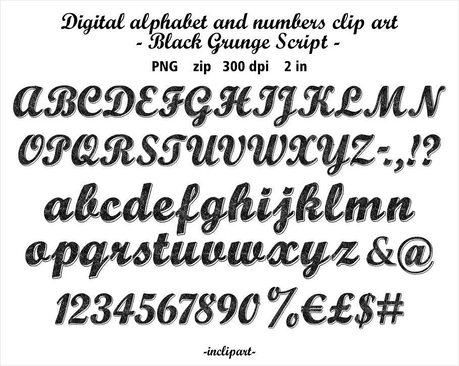 Alphabet Black Grunge Script Clipart. Digital Coal Black - Etsy Canada
