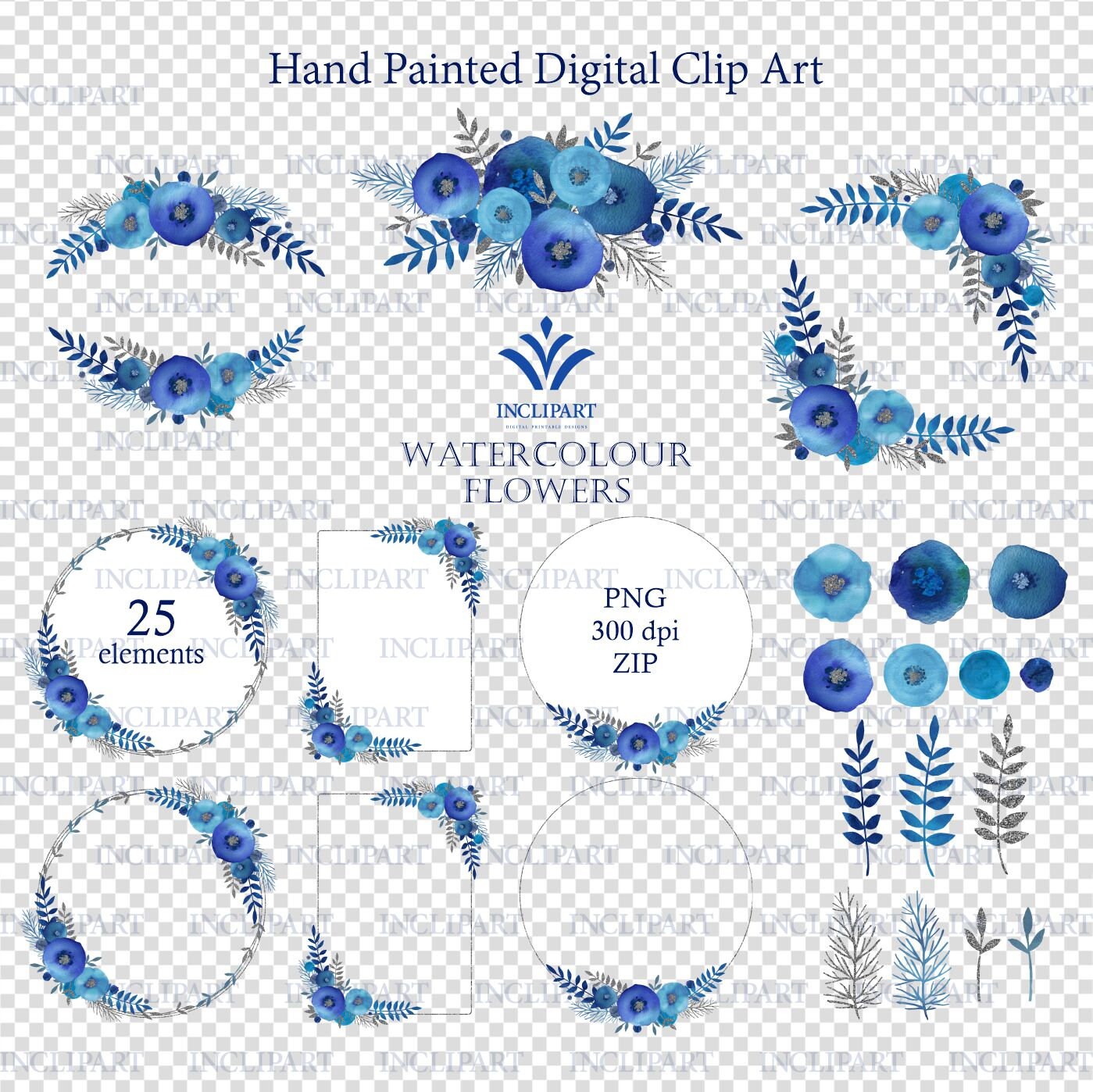 Watercolor Navy Blue Flowers clipart. Floral wreaths corners | Etsy