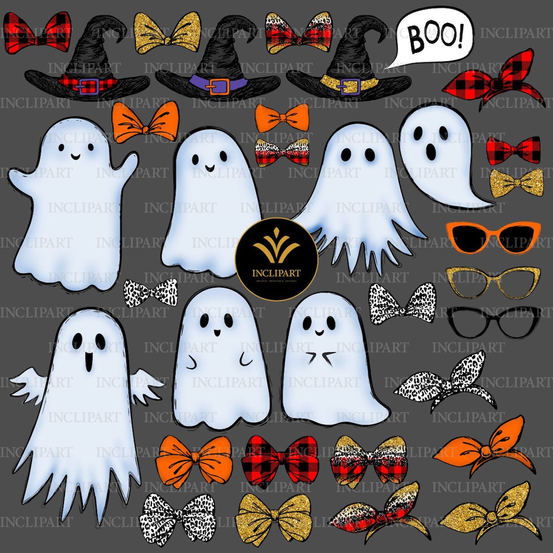 Cute Ghosts With Hat, Bow and Glasses, Halloween Clip Art in PNG File ...