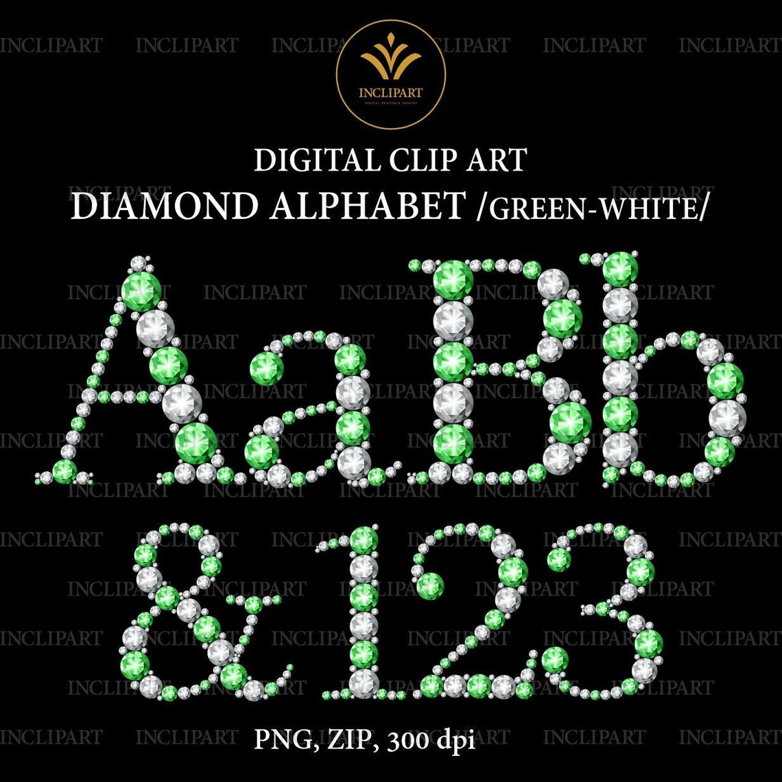 Emerald Green, White Diamond Alphabet, Numbers Digital PNG File Format ...