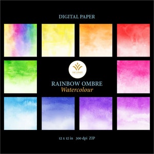Ombre Rainbow Colour Watercolour Digital Paper Clip Art. Set of 10 JPG ...