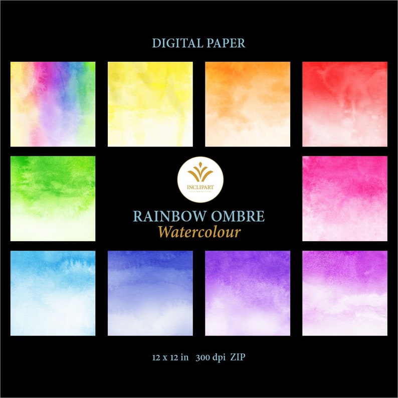 Ombre Rainbow Colour Watercolour Digital Paper Clip Art. Set | Etsy
