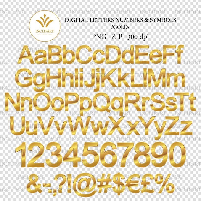 Gold Letters and Numbers Digital Clipart PNG File Format. Alphabet Clip ...