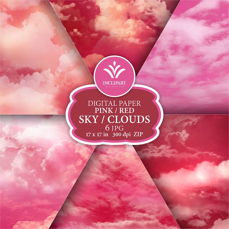Pink, Red Sky, Clouds Digital Paper, Background Digital Clip Art. Set ...