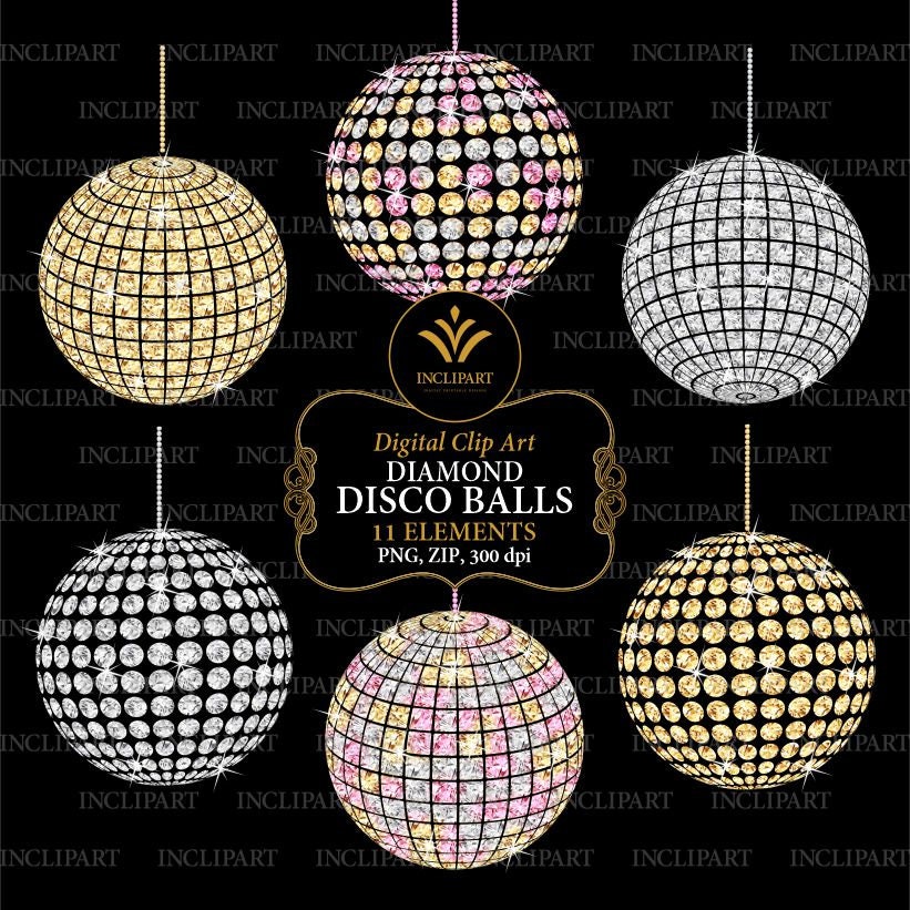 Disco balls clipart. Party clipart. Diamond disco balls gold | Etsy