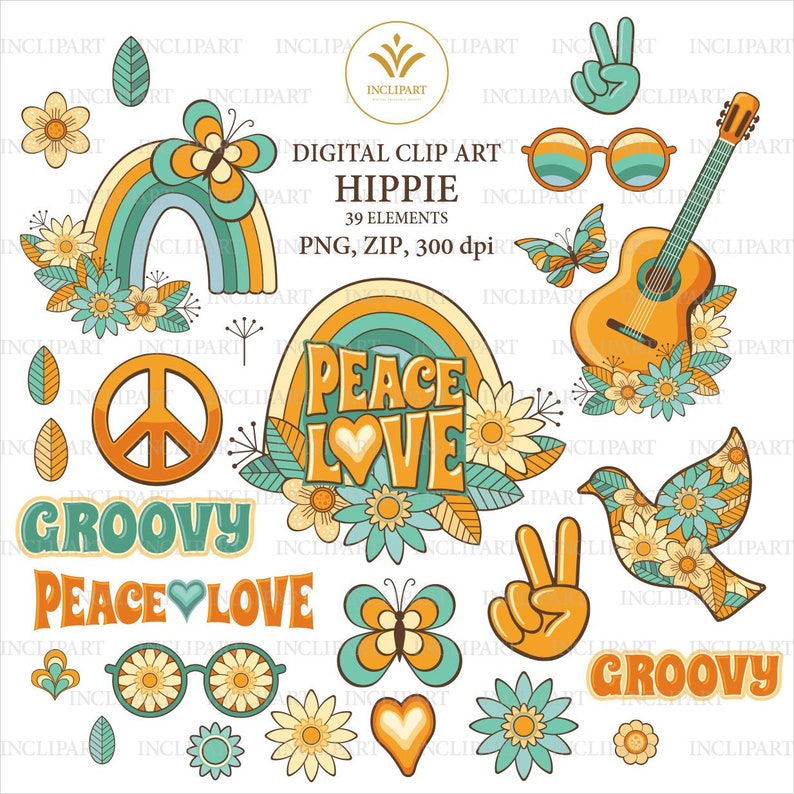 Hippie Digital Clip Art PNG File Format. Groovy Peace Love - Etsy
