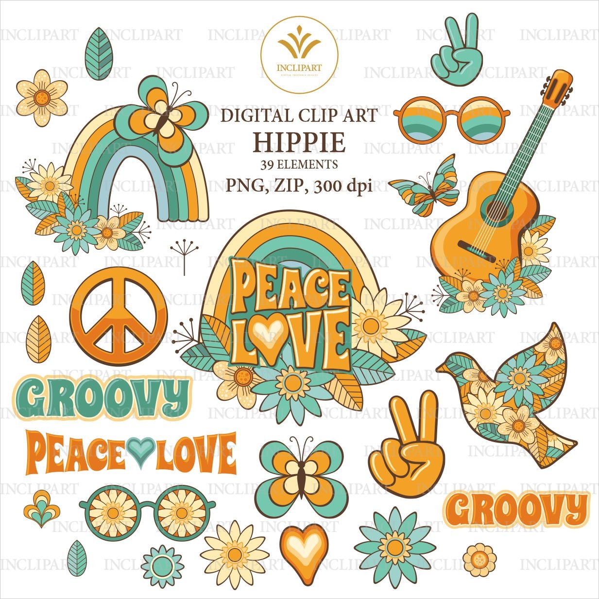 Hippie Digital Clip Art PNG File Format. Groovy Peace Love - Etsy UK