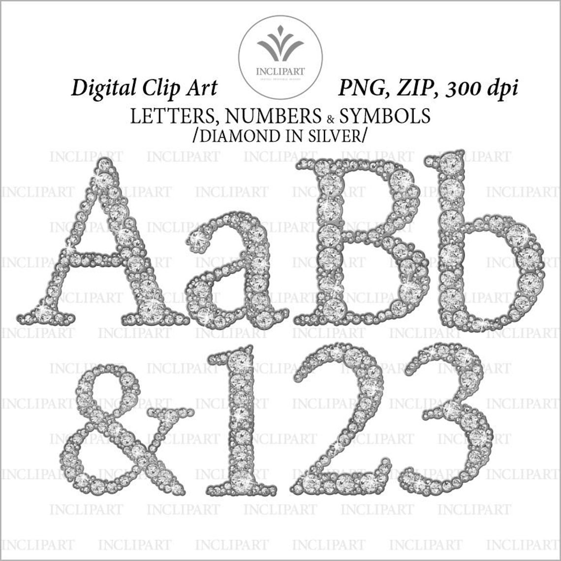 Diamond in Silver Letters Numbers PNG Files Digital Clipart. | Etsy