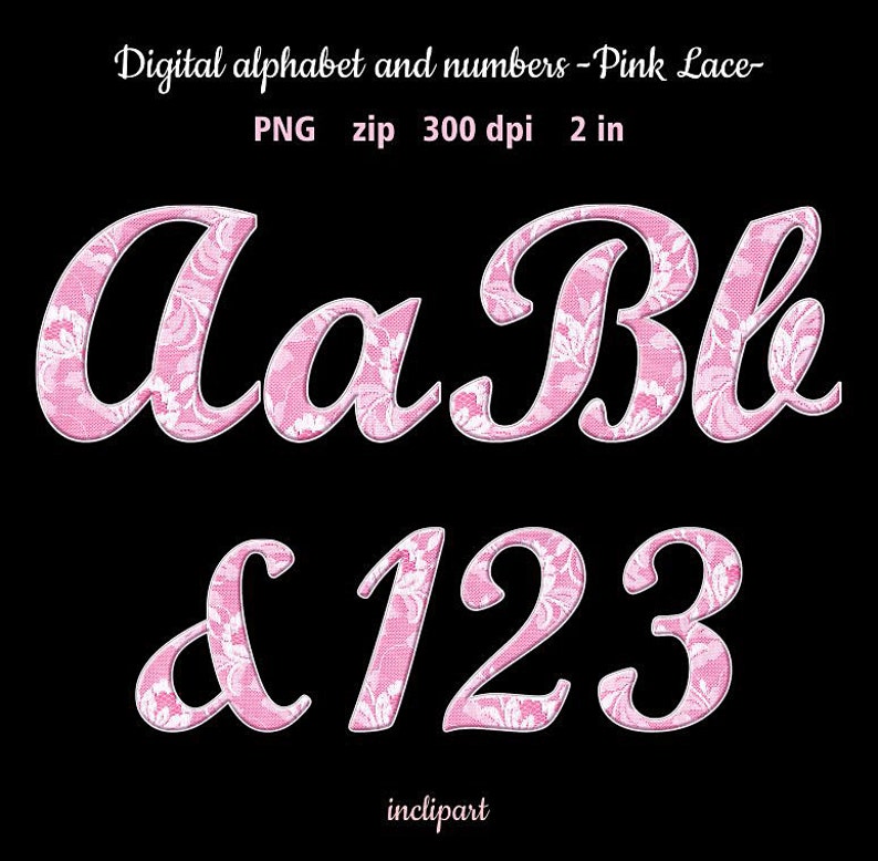Pink Lace Alphabet Clipart. Pink White Lace Letters Numbers | Etsy