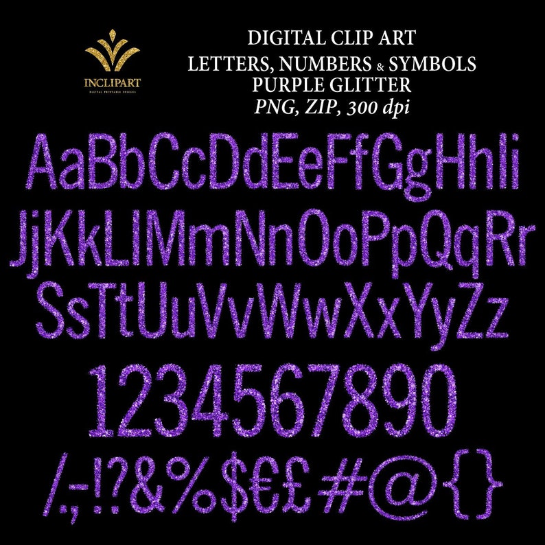 Purple Glitter Letters, Numbers, Symbols PNG Files Digital Clip Art ...