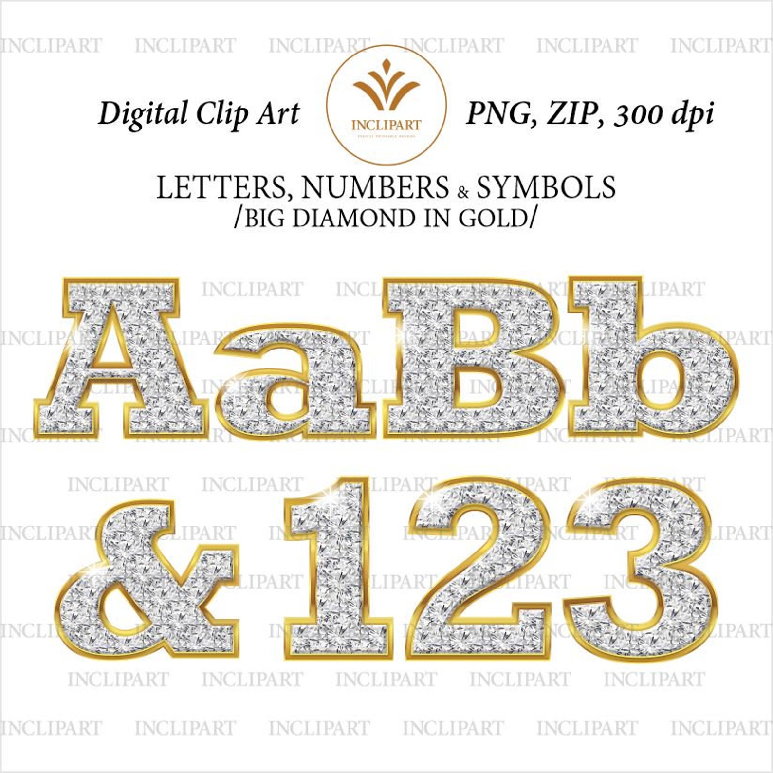 Diamond in gold numbers letters clipart PNG file format. | Etsy