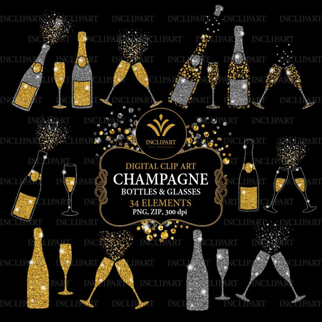 Champagne Clipart. Bottles & Glasses Glitter Overlay Clip Art. Gold and ...