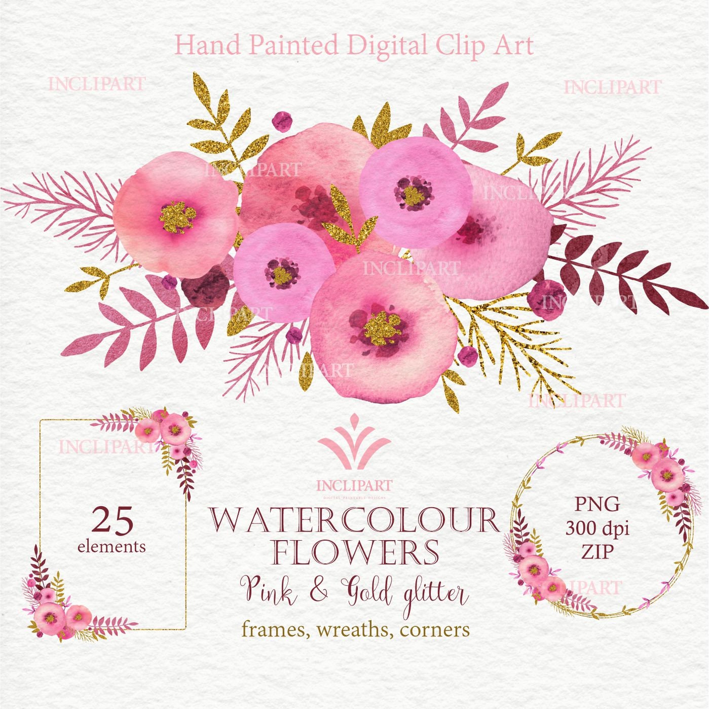 Pink Watercolor Flower Clipart. Floral Wreath Corner Frames - Etsy UK