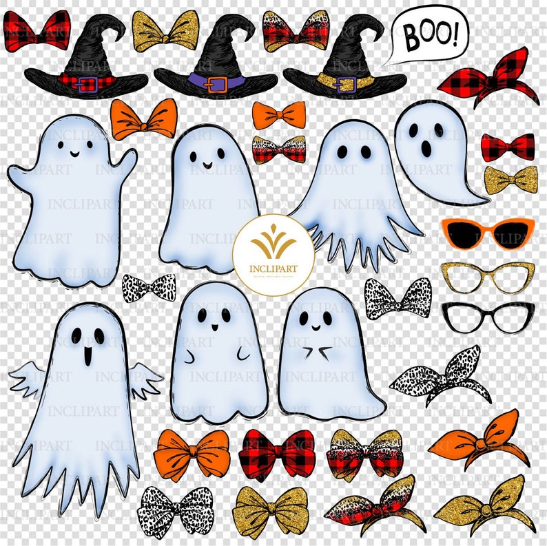 Cute Ghosts With Hat, Bow and Glasses, Halloween Clip Art in PNG File ...
