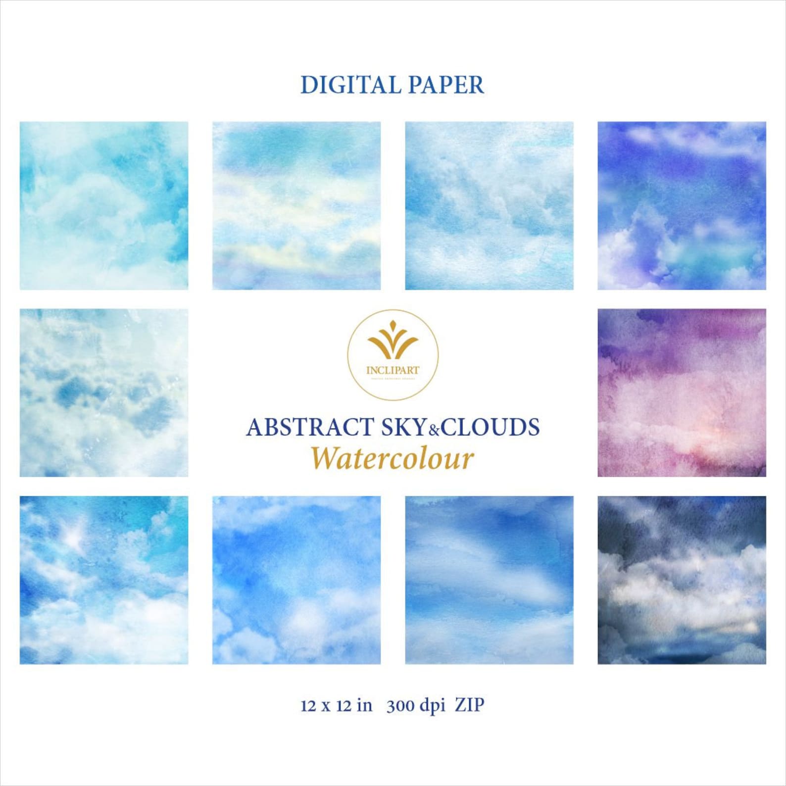 Abstract Sky Clouds Watercolour Digital Paper Clip Art. Set of 10 JPG ...
