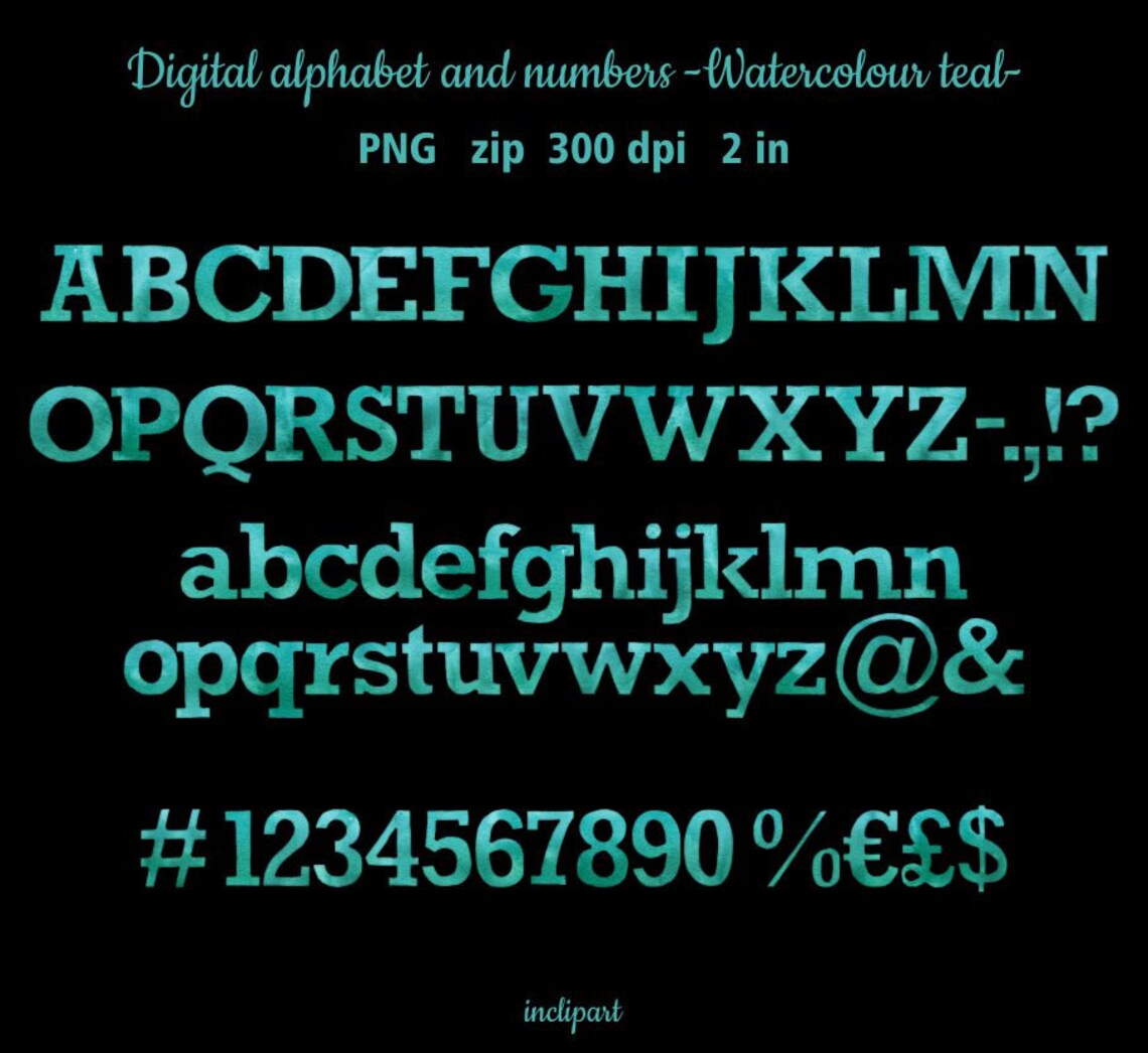 Watercolour Letters Numbers Symbols Digital Clipart. Teal | Etsy