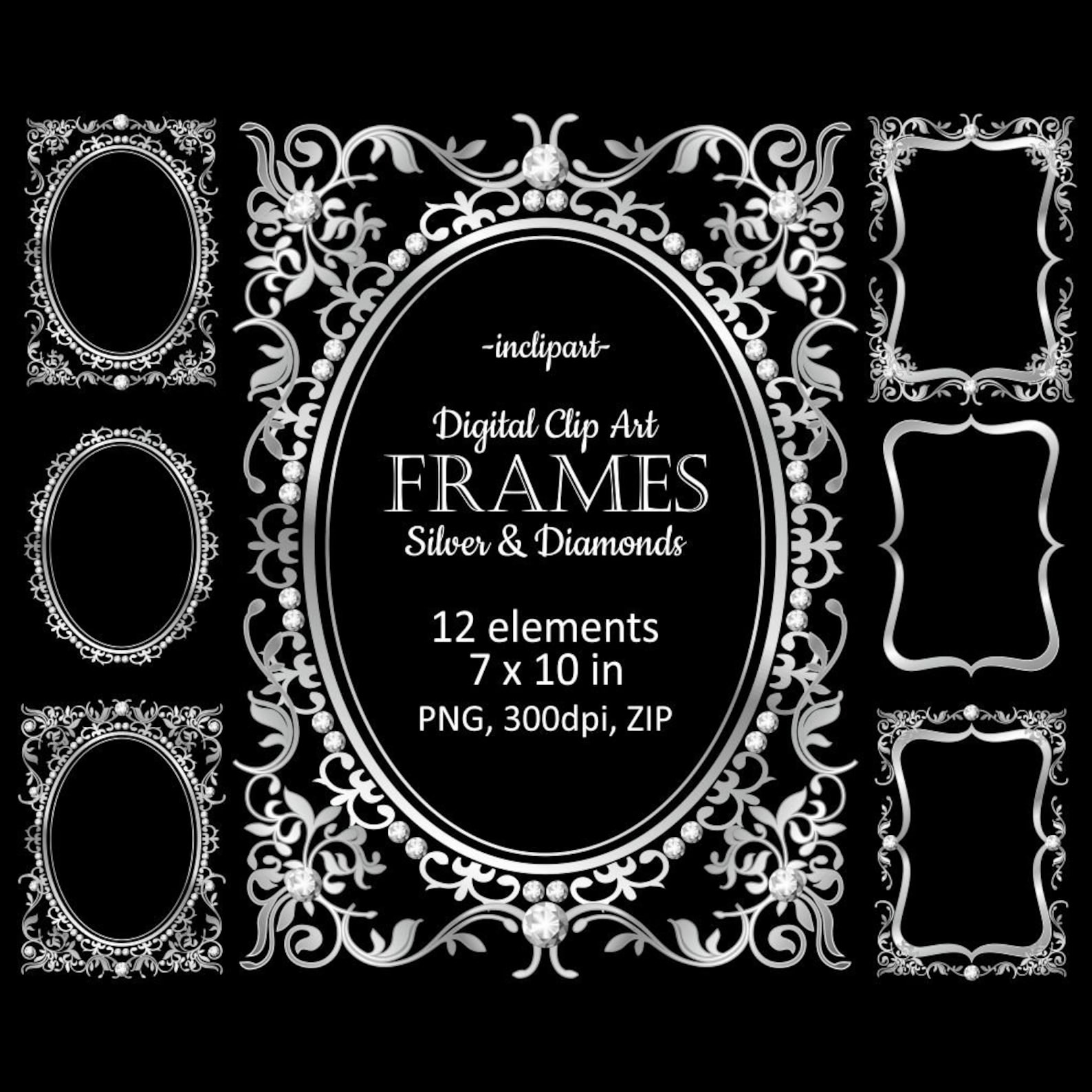 Silver Frames Digital Clip Art. Silver Diamond Frames - Etsy