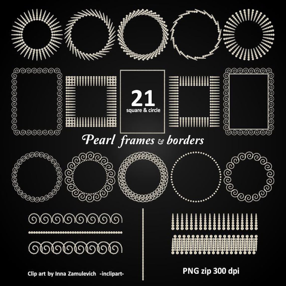 Pearl Frames and Borders Clip Art. Set of 21 Elements, Square & Circle ...