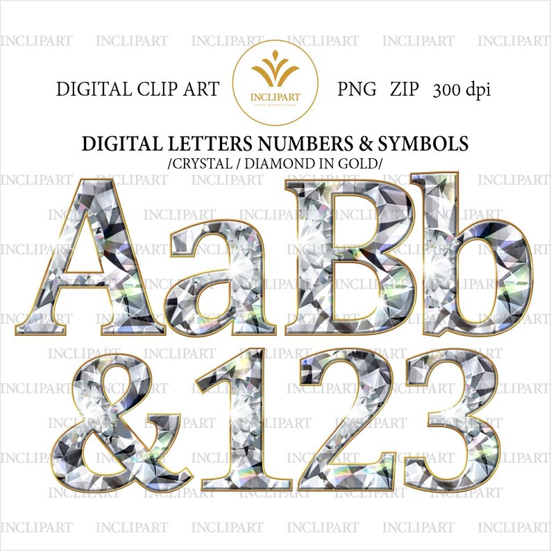 Crystal / Diamond & Gold Alphabet PNG Files Digital Clip Art. - Etsy