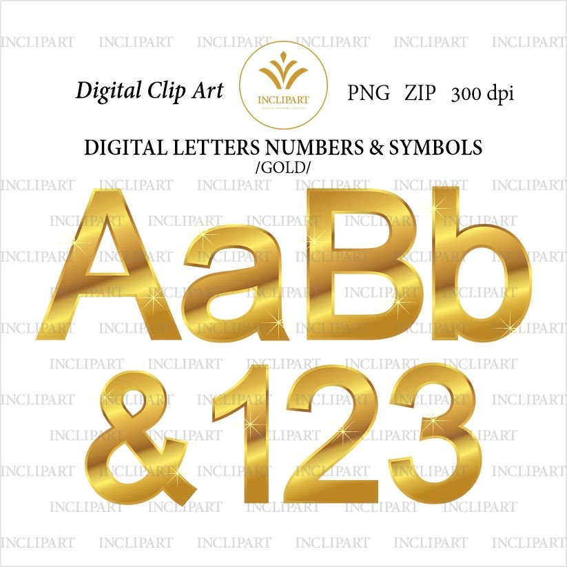 Gold Letters and Numbers Digital Clipart PNG File Format. Alphabet Clip ...