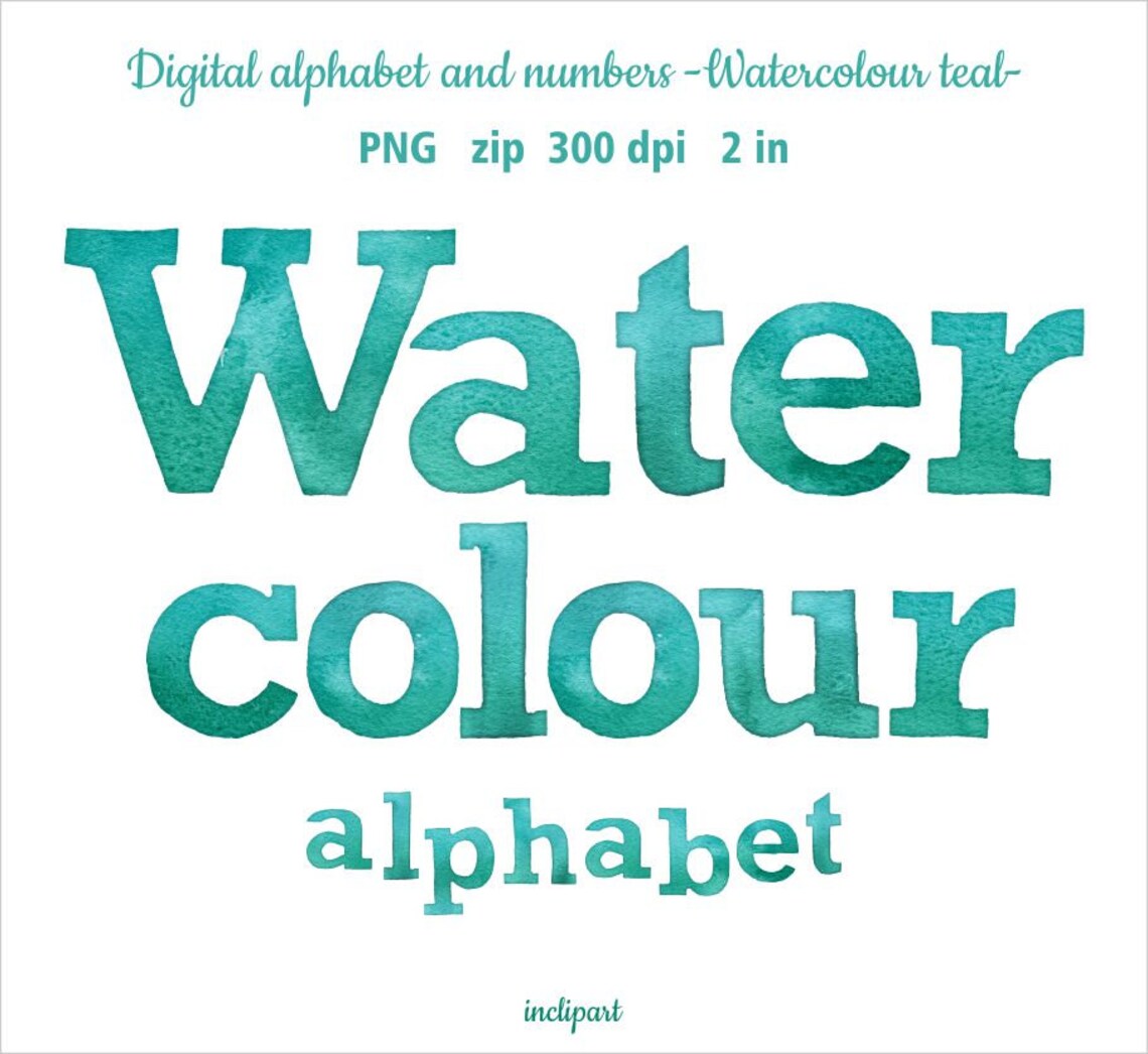 Watercolour Letters Numbers Symbols Digital Clipart. Teal | Etsy