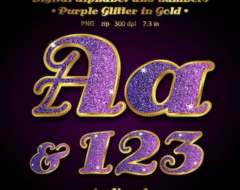 Purple Glitter Alphabet Clipart. Letters Numbers Digital | Etsy