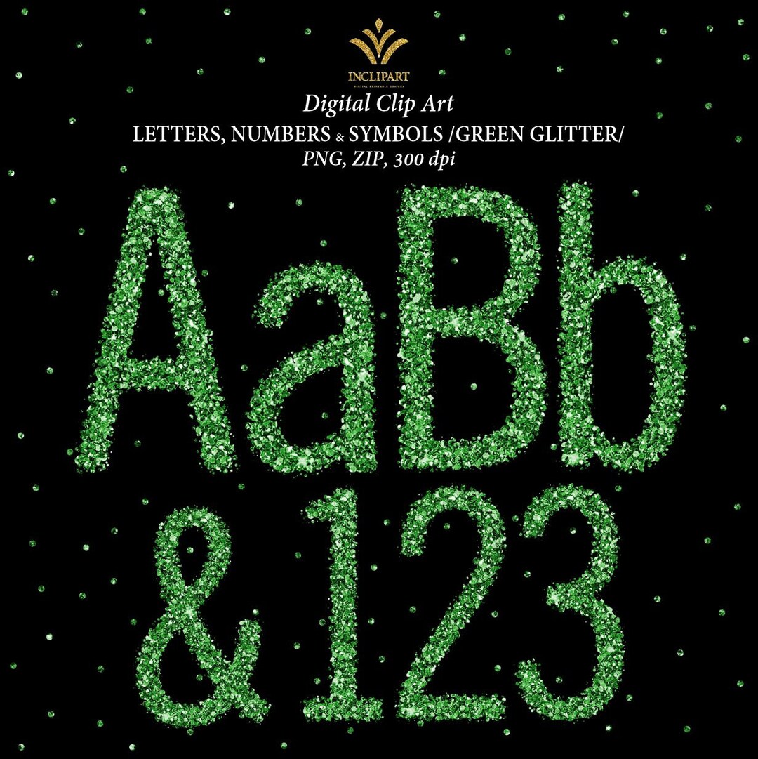 Green Glitter Letters, Numbers, Symbols PNG Files Digital Clip Art ...