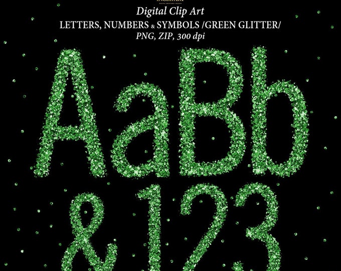 Green Glitter Letters and Numbers, Green Glitter Alphabet, Green ...