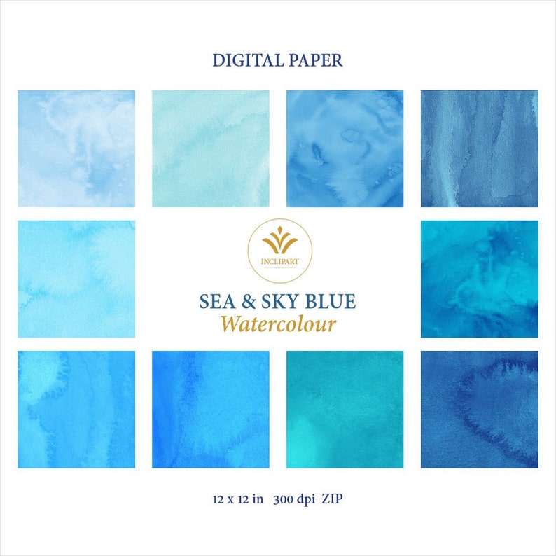 Sea & Sky Blue Watercolour Digital Paper Clip Art. Set of 10 | Etsy