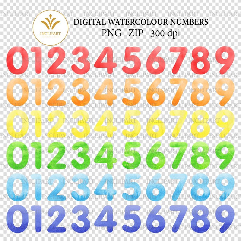 Watercolour Numbers Digital Clipart, PNG File Format. H 2.8 Inches. 10 ...