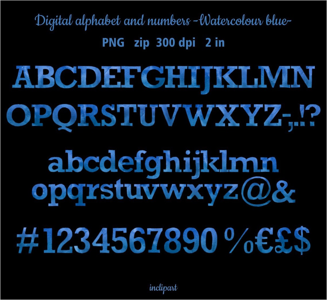 Watercolour Blue Letters Numbers Symbols Digital Clipart. | Etsy UK