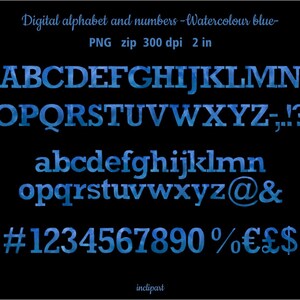 Watercolour Blue Letters, Numbers, Symbols Digital Clipart. Blue Hand ...