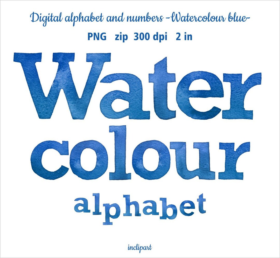 Watercolour Blue Letters, Numbers, Symbols Digital Clipart. Blue Hand ...