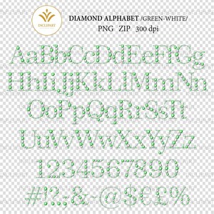 Emerald Green, White Diamond Alphabet, Numbers Digital PNG File Format. Digital Rhinestone ...
