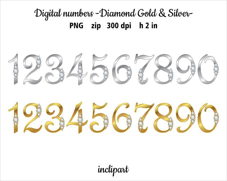 Digital Numbers Clip Art. Gold and Silver With | Etsy