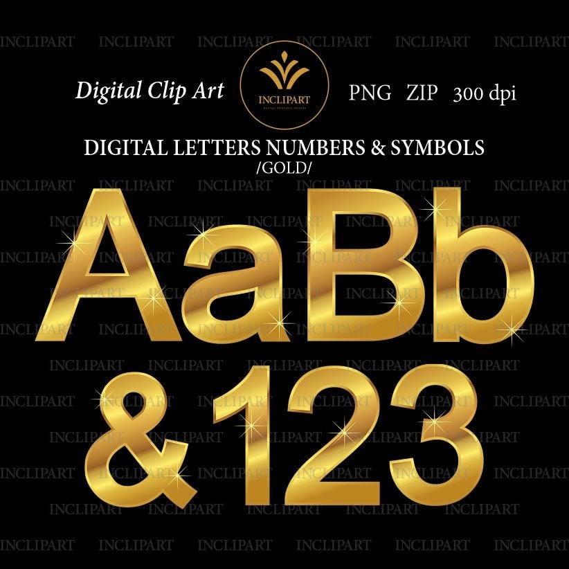 Gold Letters and Numbers Digital Clipart PNG File Format. Alphabet Clip ...