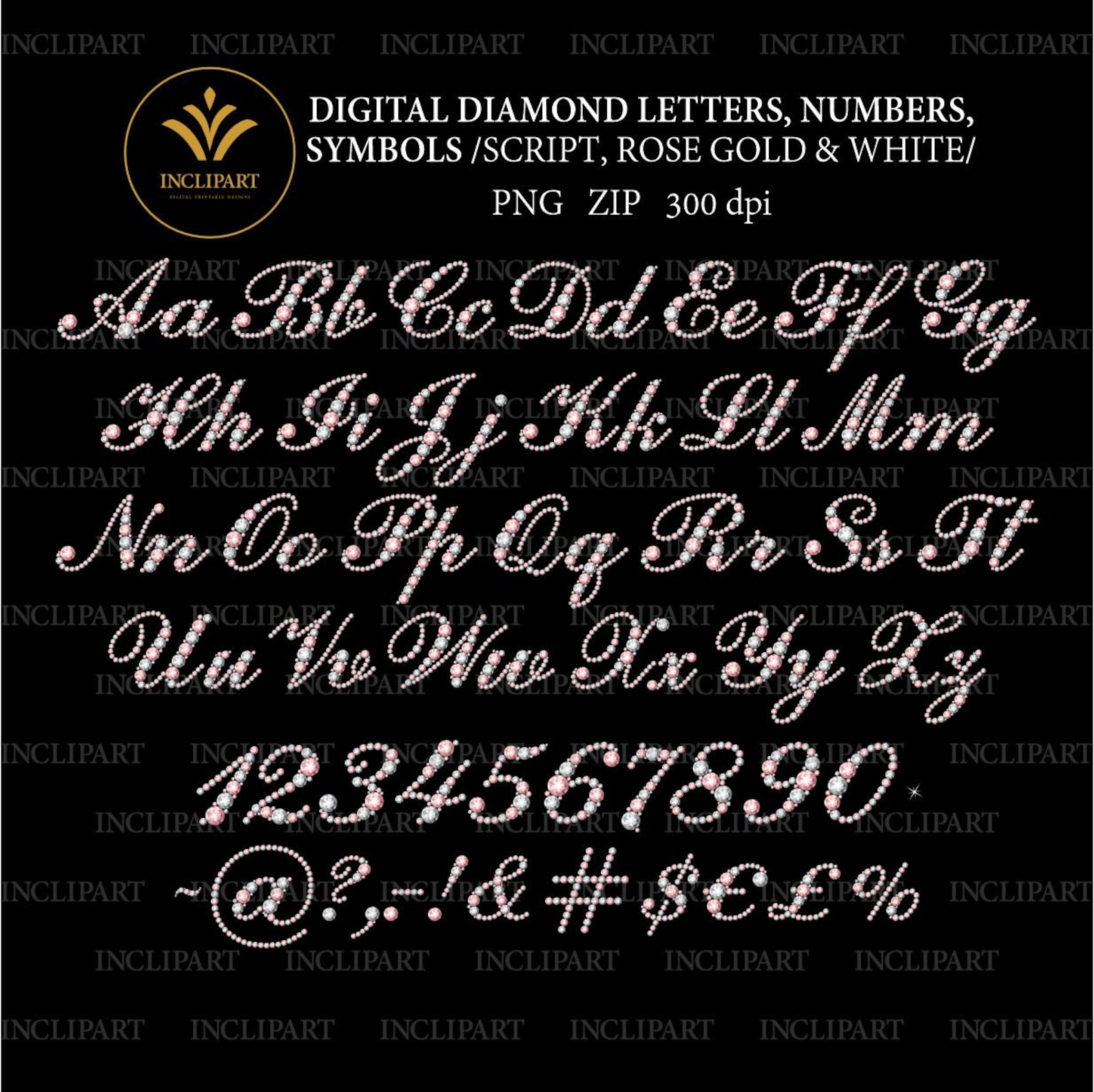 Diamond Alphabet Script Digital PNG Clip Art. Letters, Numbers, Symbols ...