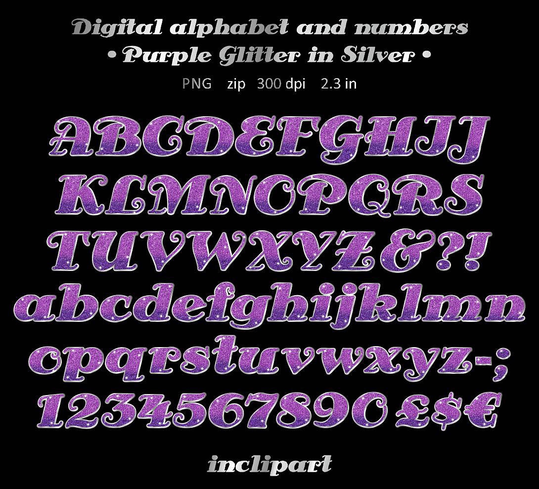 Purple Glitter Alphabet Clipart. Letters Numbers Digital | Etsy