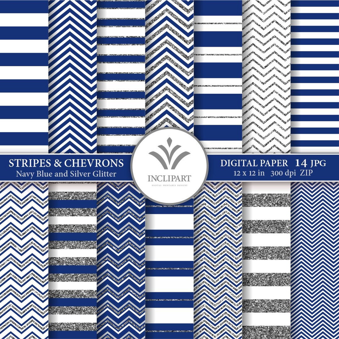 Stripes, Chevrons Digital Paper. Navy Blue, Silver Glitter Geometric ...