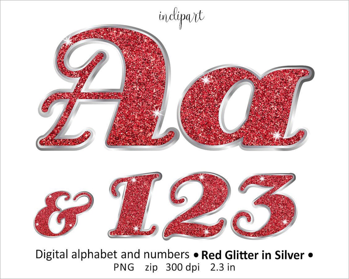 Red Glitter Alphabet Clipart. Letters Numbers Digital | Etsy UK