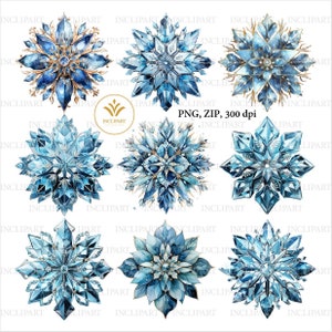 Snowflake Watercolor Clipart PNG File Format. 9 Blue Snowflakes Digital ...