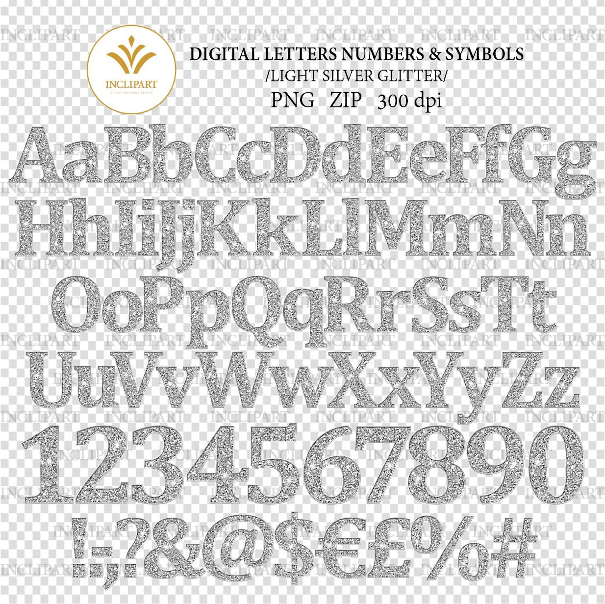 Light Silver Glitter Alphabet Digital Clipart PNG File Format. Letters ...
