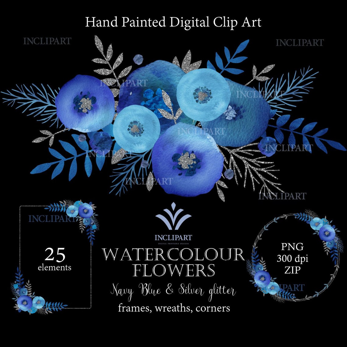 Watercolor Navy Blue Flowers Clipart. Floral Wreaths, Corners, Frames ...