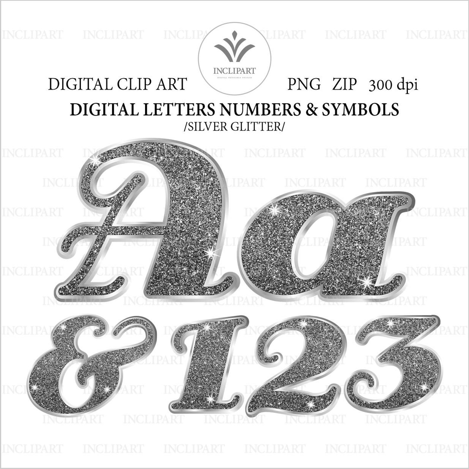 Silver Glitter Alphabet Clipart. Letters, Numbers Digital Clipart ...