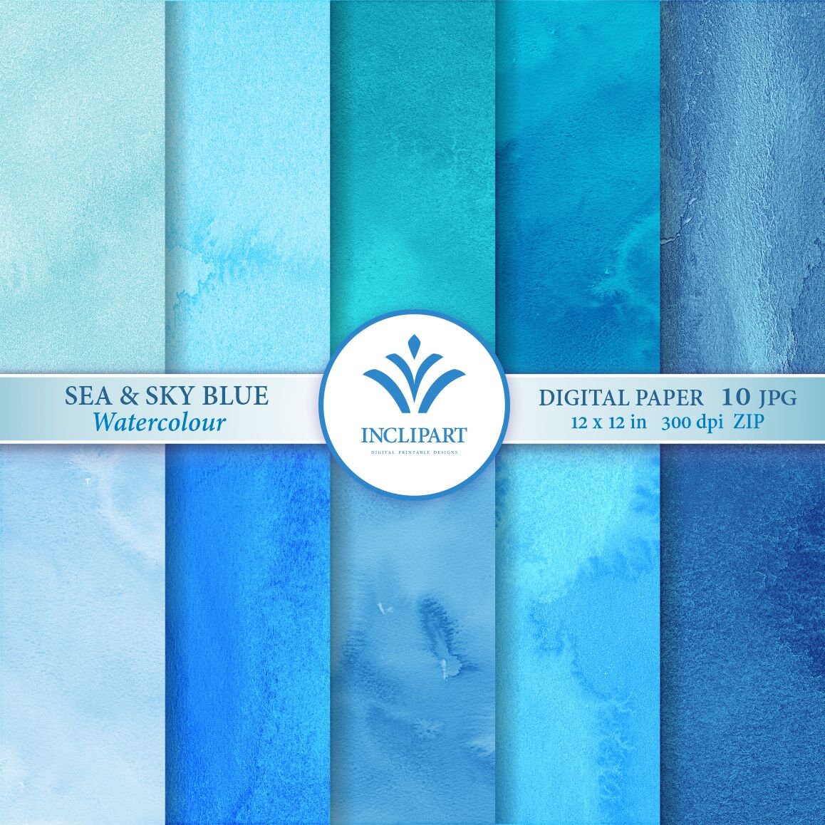 Sea & Sky Blue Watercolour Digital Paper Clip Art. Set of 10 | Etsy