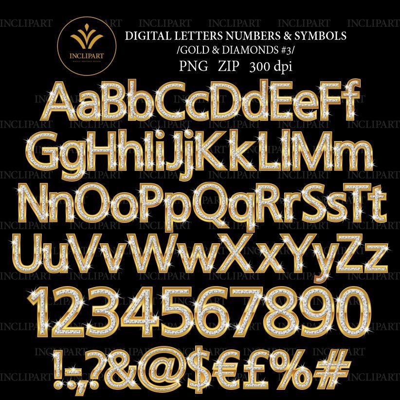 Gold and Diamond Alphabet Digital Clip Art in PNG File Format. Bling ...