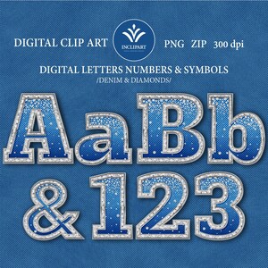 Denim and Diamonds Letters, Numbers Clipart in PNG File Format. Digital ...
