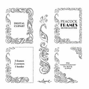 Peacock Frame Clipart. Silver Glitter Frame, Corner, Border. Digital ...