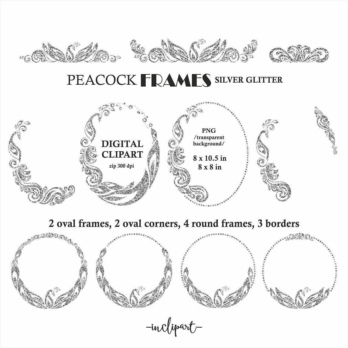 Peacock Frame Clipart. Digital Silver Glitter Oval, Round Frame, Border ...
